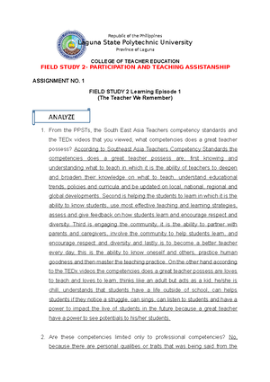 Field Study 2 Reflection - Participation and Teaching Assistantship, or ...