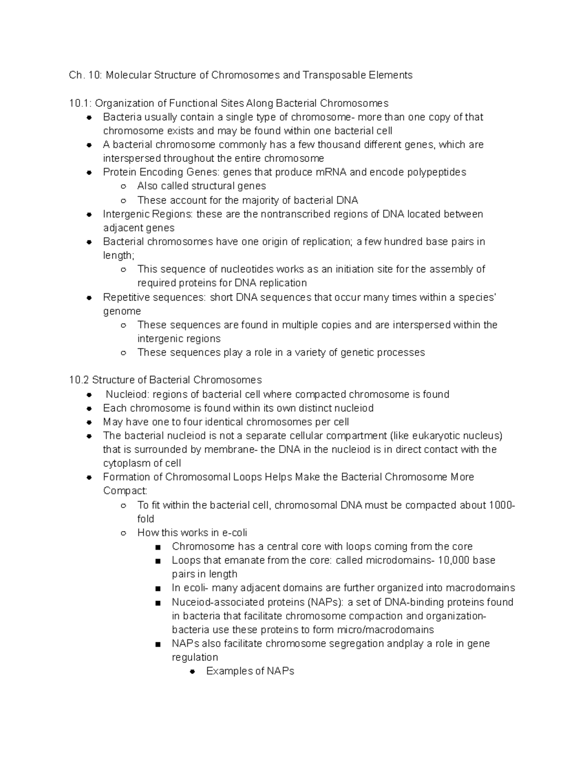 Genetics Ch.10 Notes - Ch. 10: Molecular Structure of Chromosomes and ...