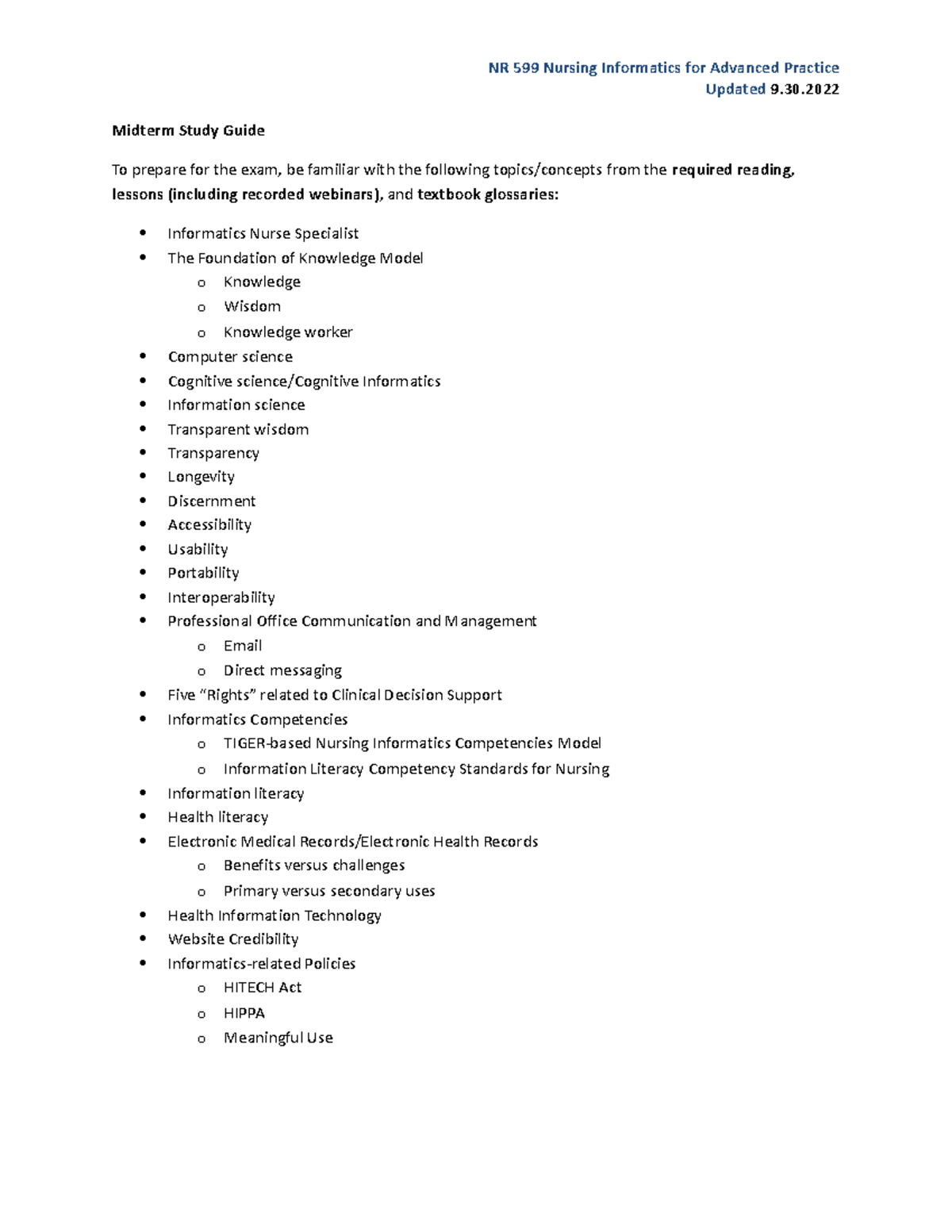 NR 599 Midterm Study Guide 9302022 - NR 599 Nursing Informatics for Advanced Practice Updated 9 ...