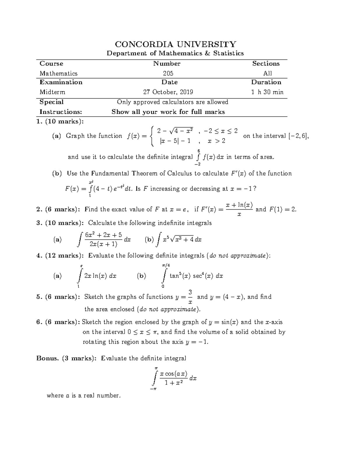 221019 Math 205-Midterm-Fall19 - CONCORDIA UNIVERSITY Department of ...