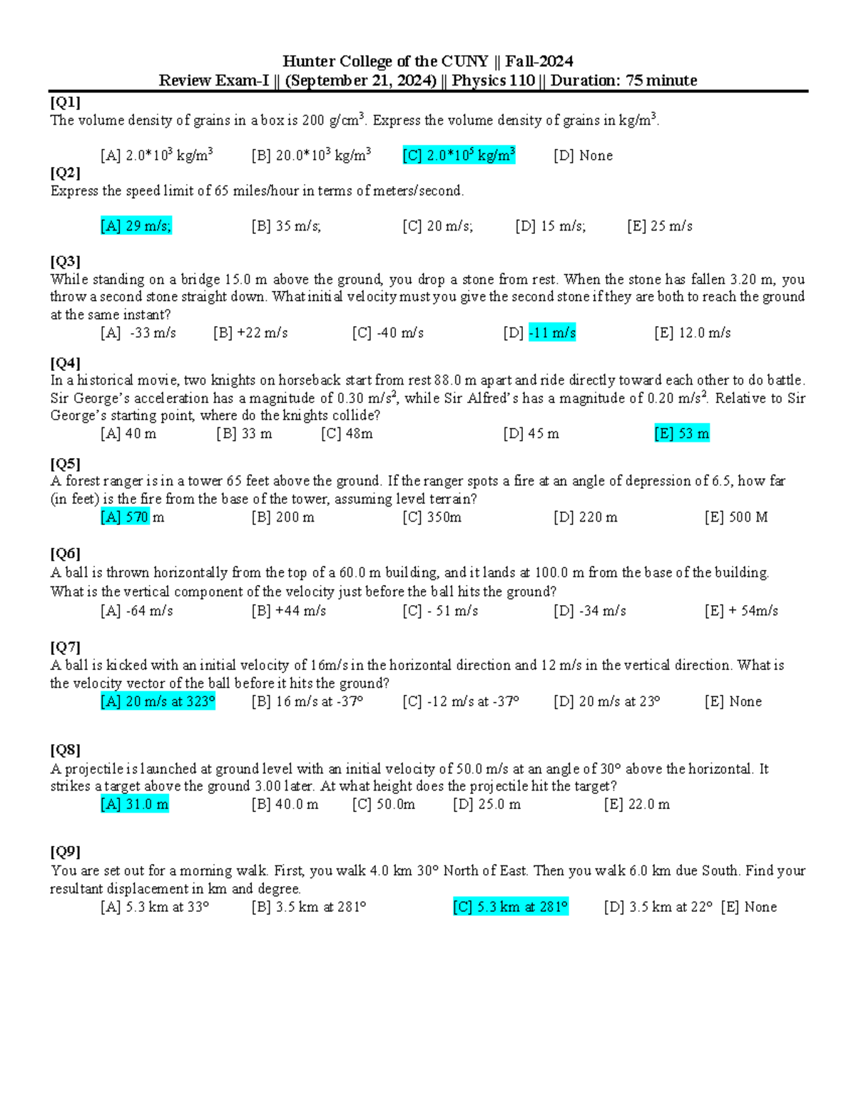 Review Exam I PHYS 110 F24 - Hunter College of the CUNY || Fall- 2024 Review Exam-I ...