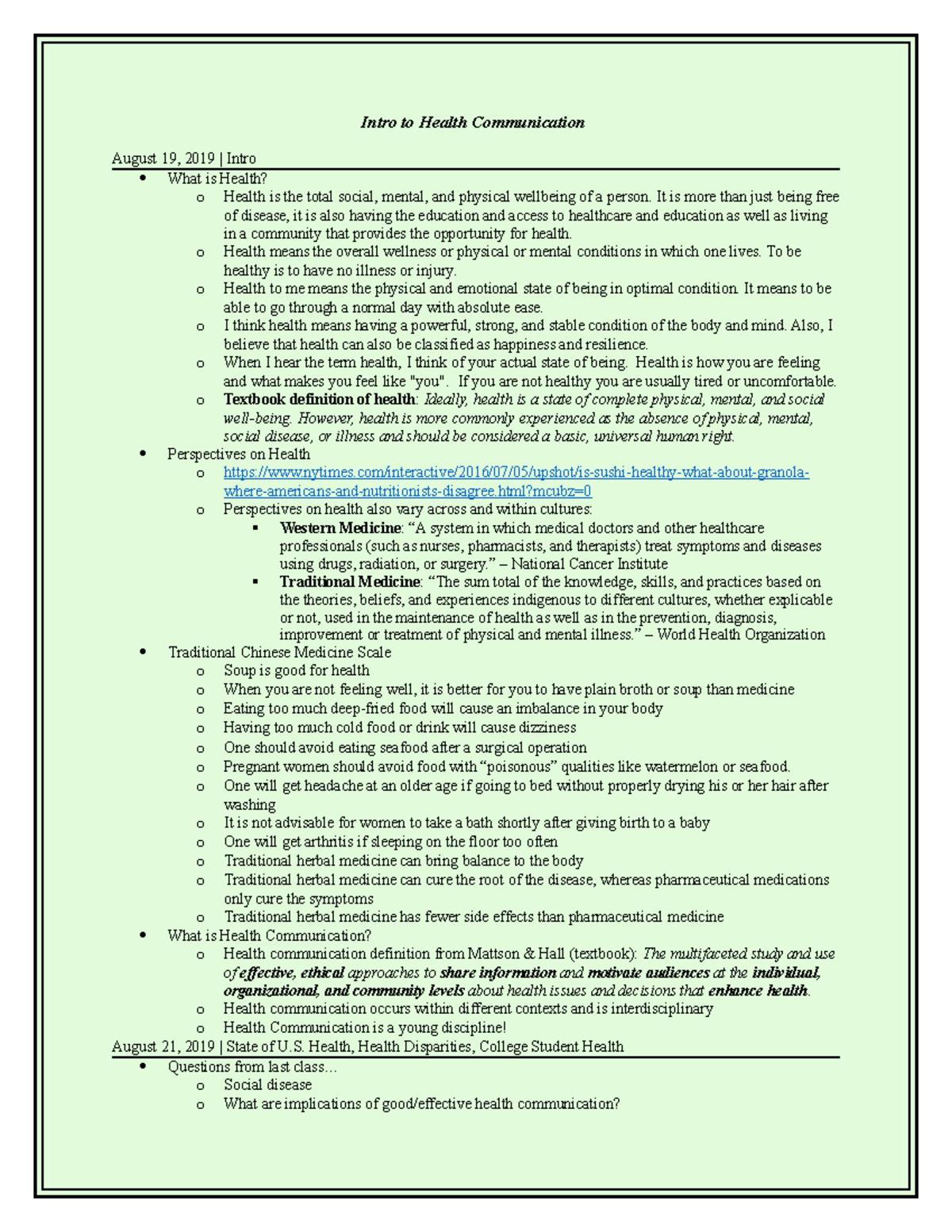 COM 378 Notes - Intro to Health Communication August 19, 2019 | Intro ...