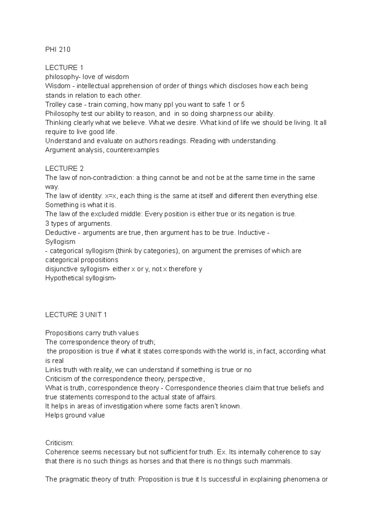 Phi 210 Exam 1 Notes For Exam 1 Phi 210 Lecture 1 Philosophy Love