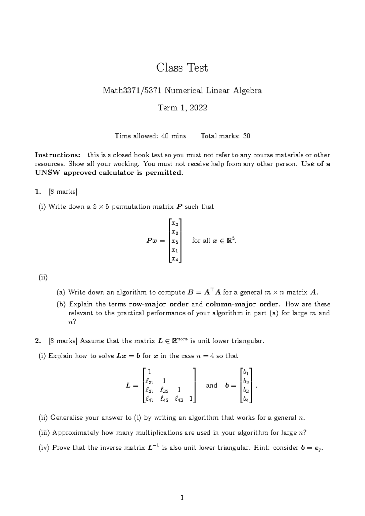 Test2022 with solns - Class Test Math3371/5371 Numerical Linear Algebra ...