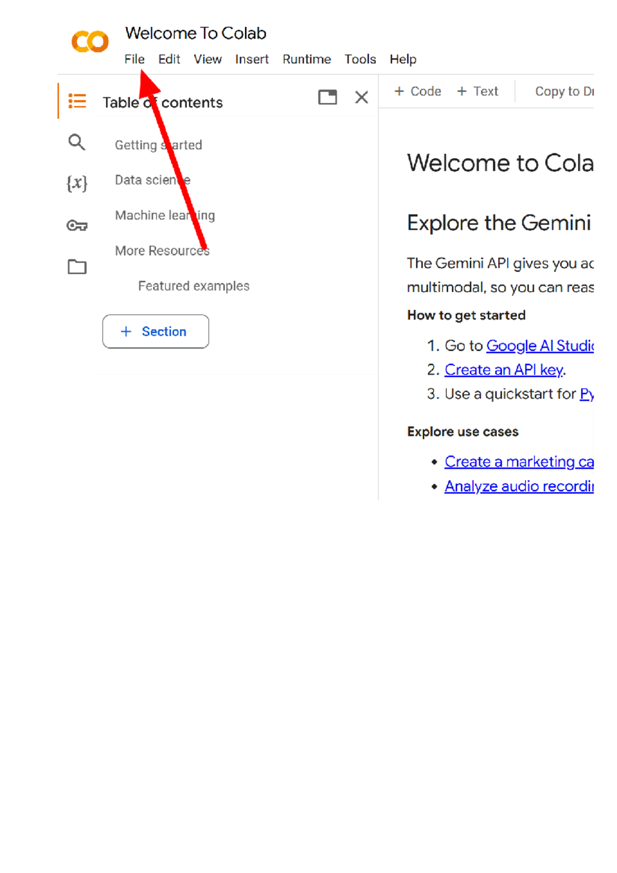 Colab - all - CO Welcome To Colab File Edit View Insert Runtime Tools Help Table d contents X ...