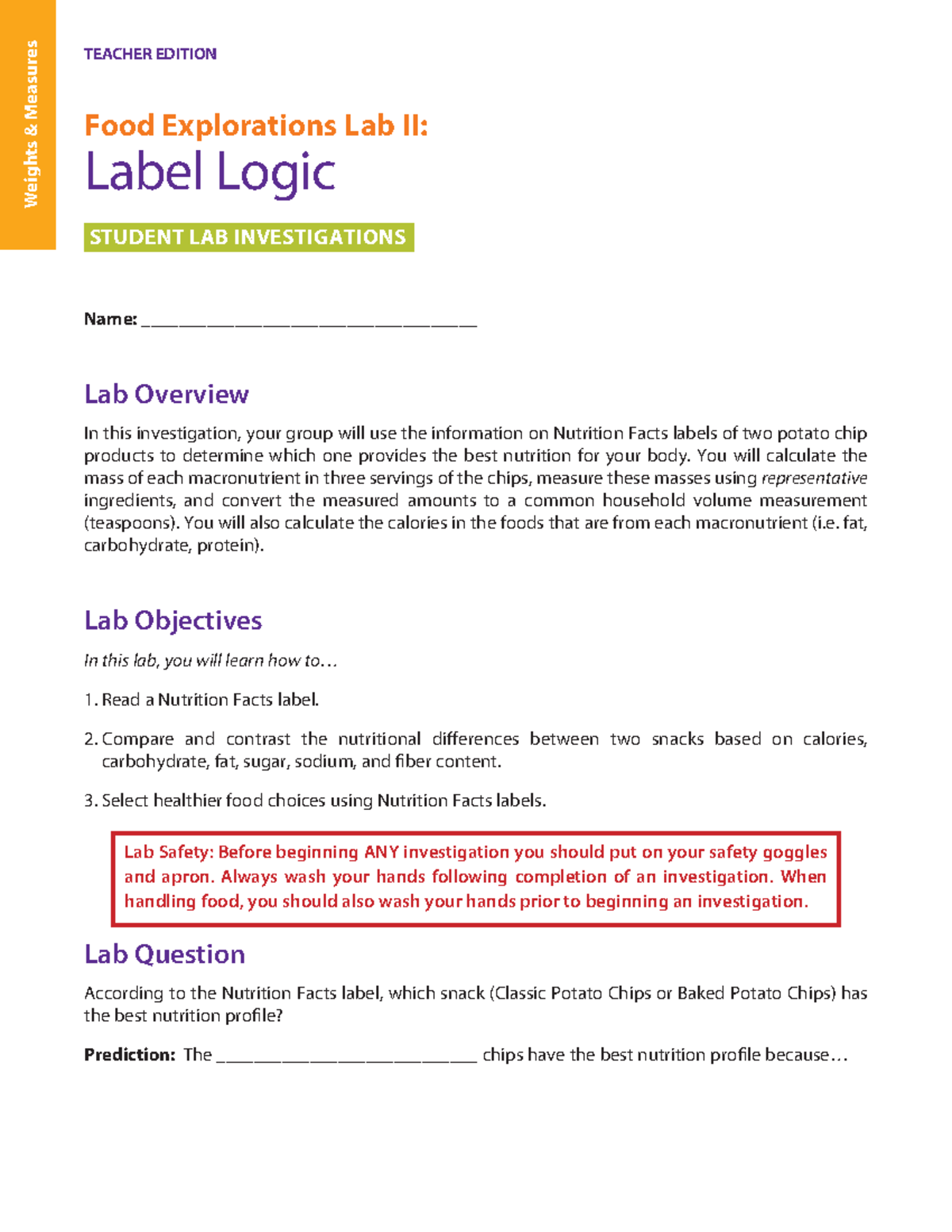 Label Logic Teacher Key 1 - Weights & Measures Food Explorations Lab II ...