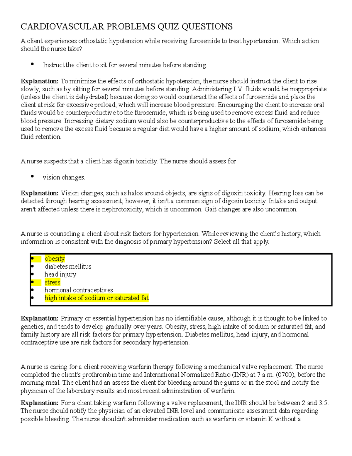 Cardiovascular problems questions - CARDIOVASCULAR PROBLEMS QUIZ ...