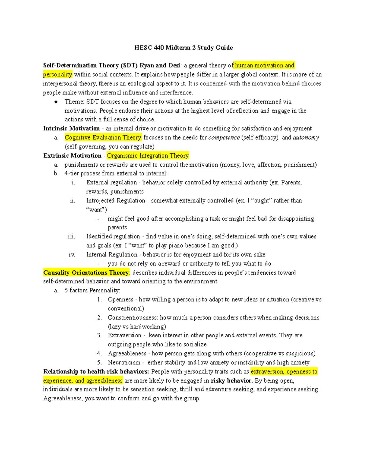 PUBH440 Midterm Study Guide - HESC 440 Midterm 2 Study Guide Self-Determination Theory (SDT ...