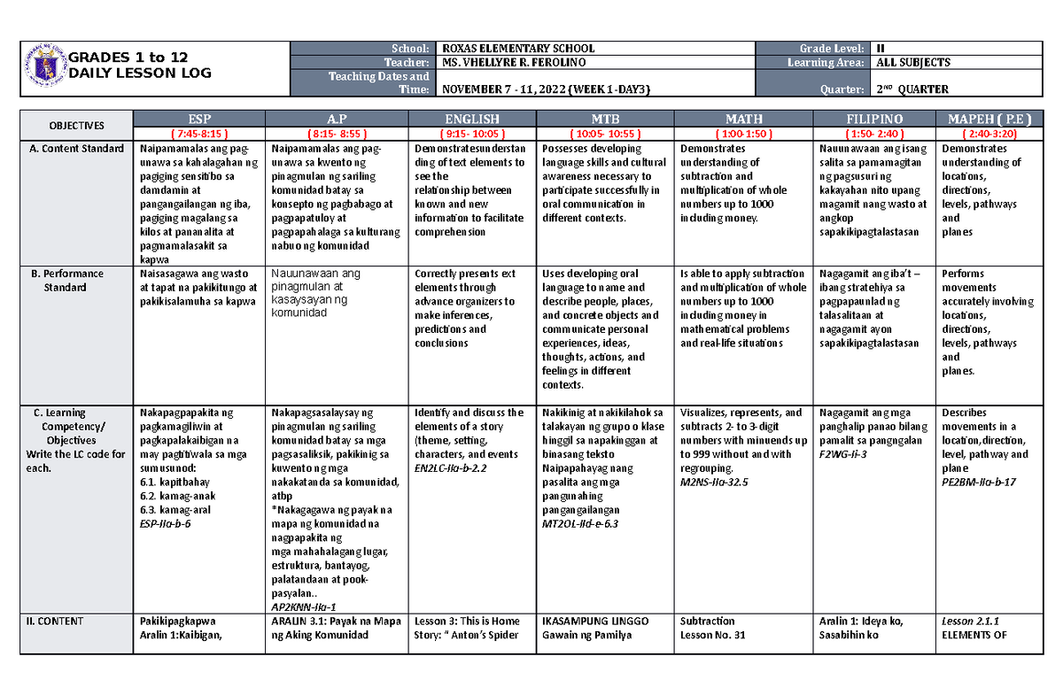 DLL ALL Subjects 2 Q2 W1 D3 - GRADES 1 to 12 DAILY LESSON LOG School ...
