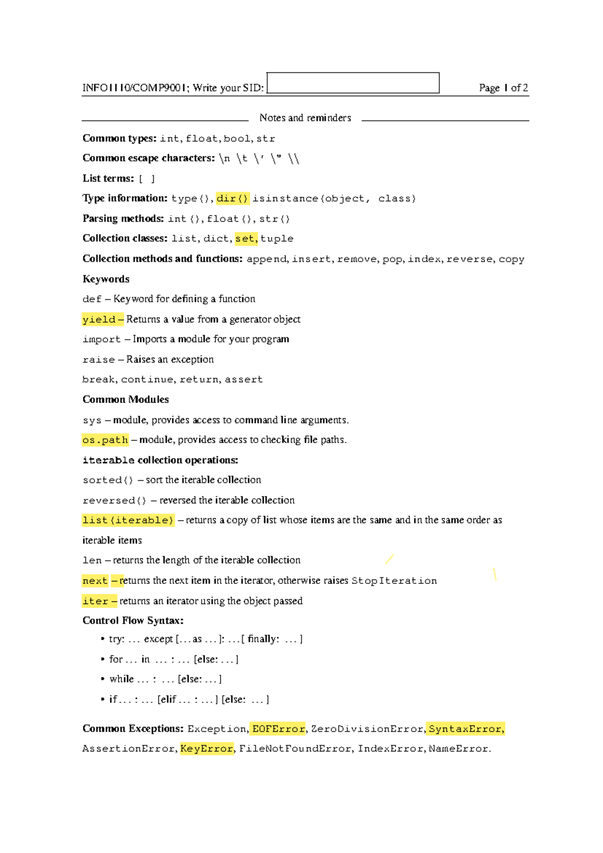 Reference Sheet - INFO1110/COMP9001; Write your SID: Page 1 of 2 Notes ...