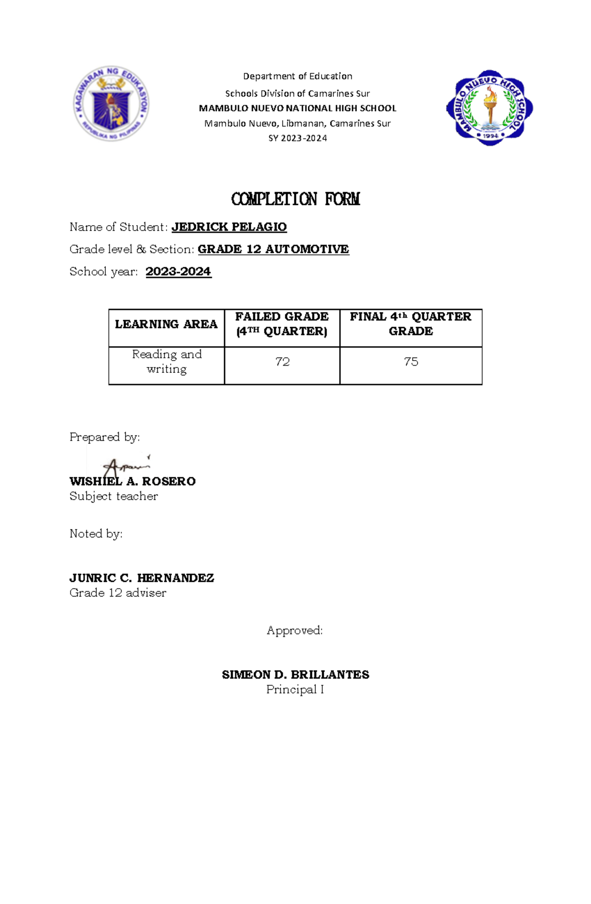 Completion form - Department of Education Schools Division of Camarines ...
