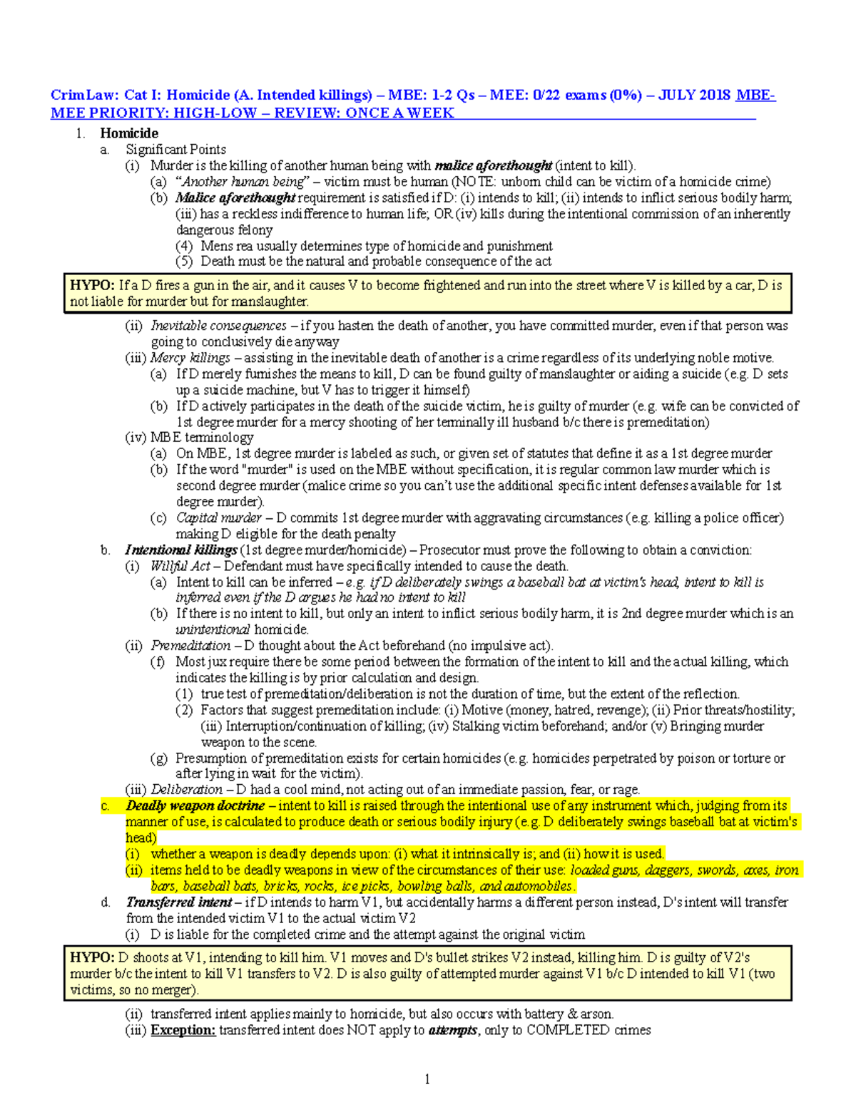 CRIM Seperac - bart outline - CrimLaw: Cat I: Homicide (A. Intended ...