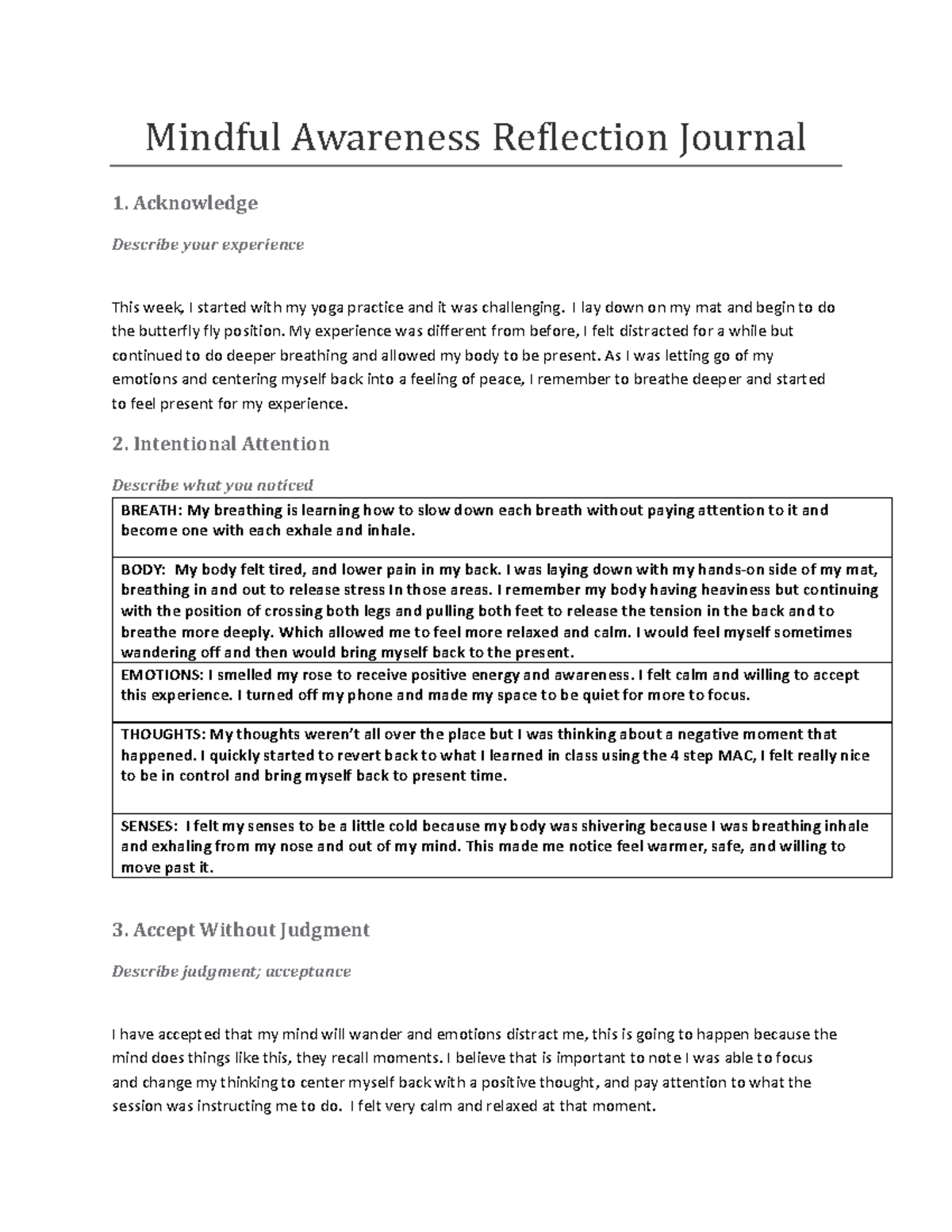 SWU 250- Chapter 1 and 2 Mindful Awarness Reflection Journal - Mindful ...