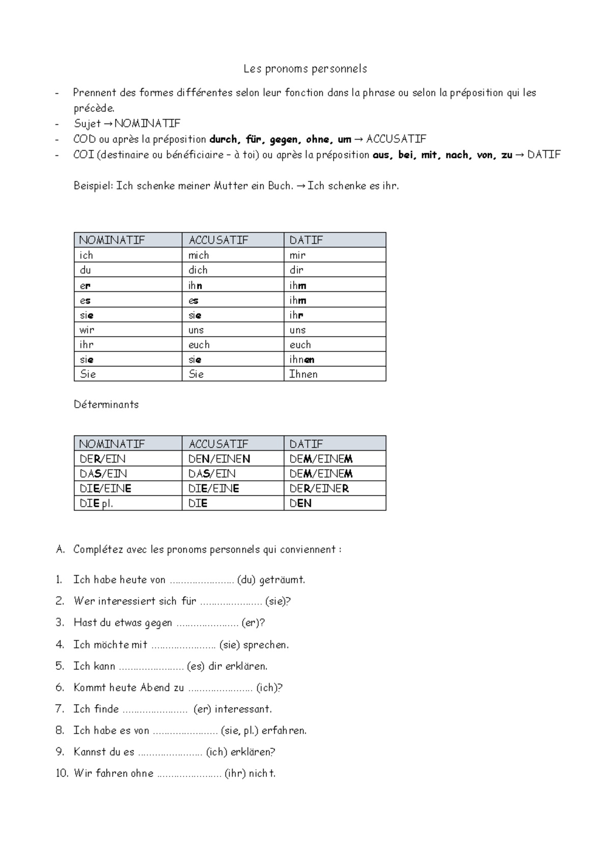 G les pronoms personnels - Les pronoms personnels Prennent des formes ...