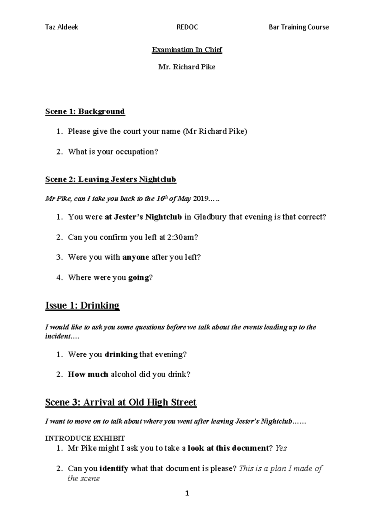 EIC of Mr Pike - Law - Examination In Chief Mr. Richard Pike Scene 1 ...