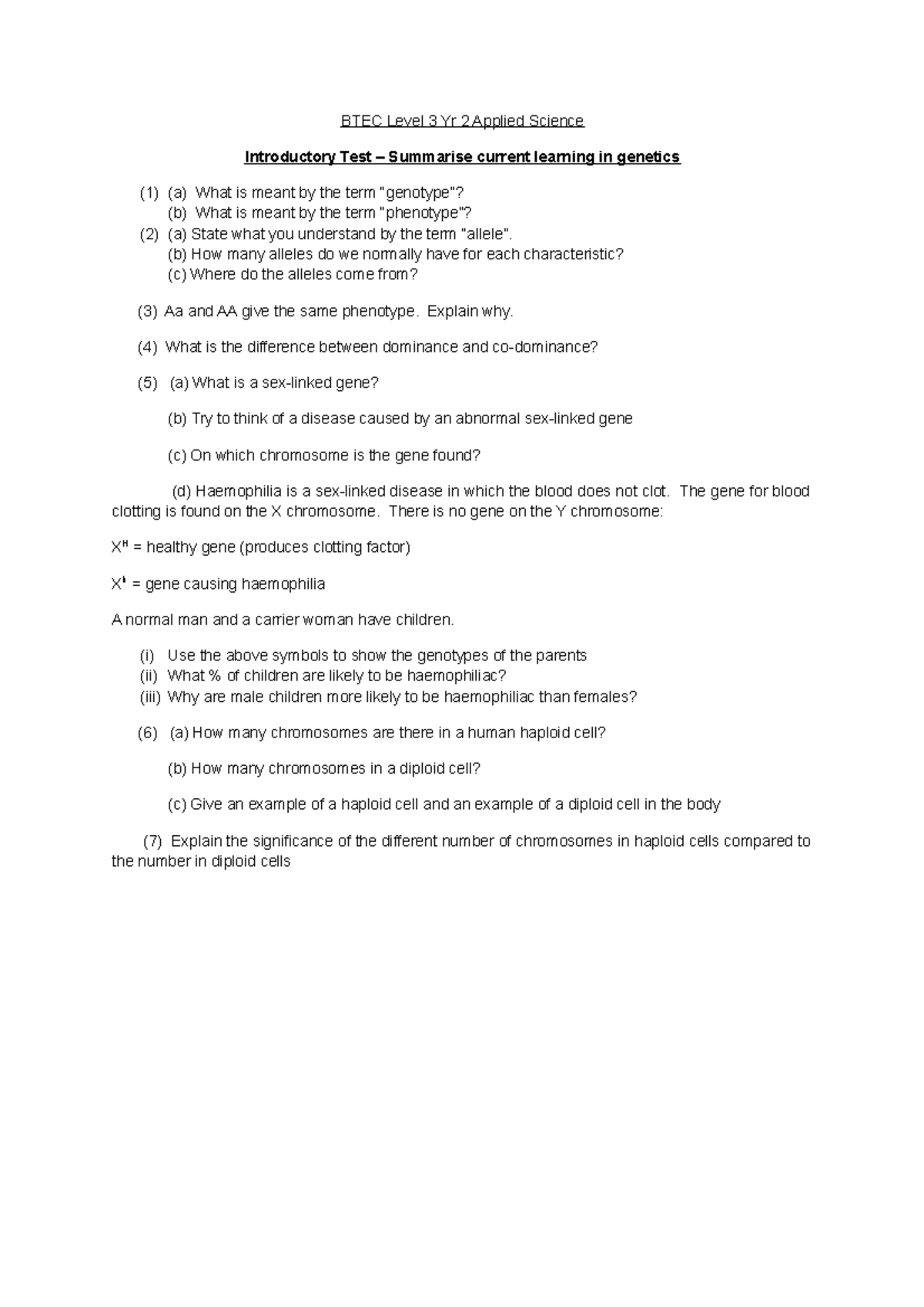 Unit 11 Exercise Summarise current learning in Genetics (Minas) - BTEC ...