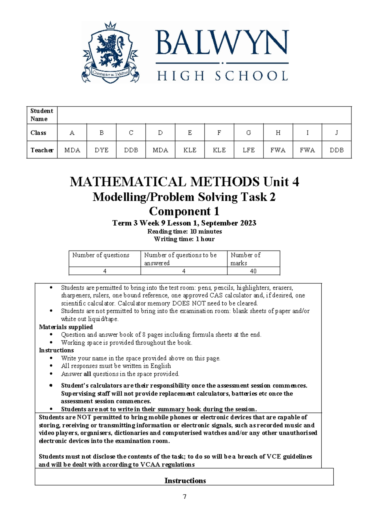 2023 MAM Unit 4 Modelling Task 2 Part 1 - Student Name Class A B C D E F G H I J Teacher MDA DYE ...