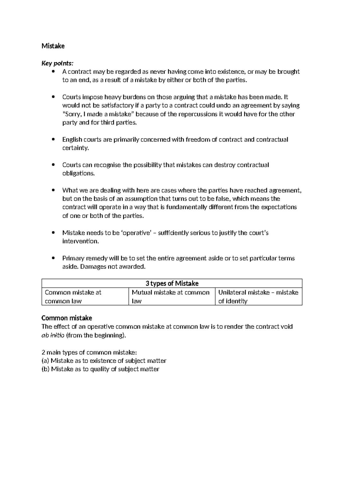Mistake Mistake Key Points A Contract May Be Regarded As Never Having Come Into Existence Or