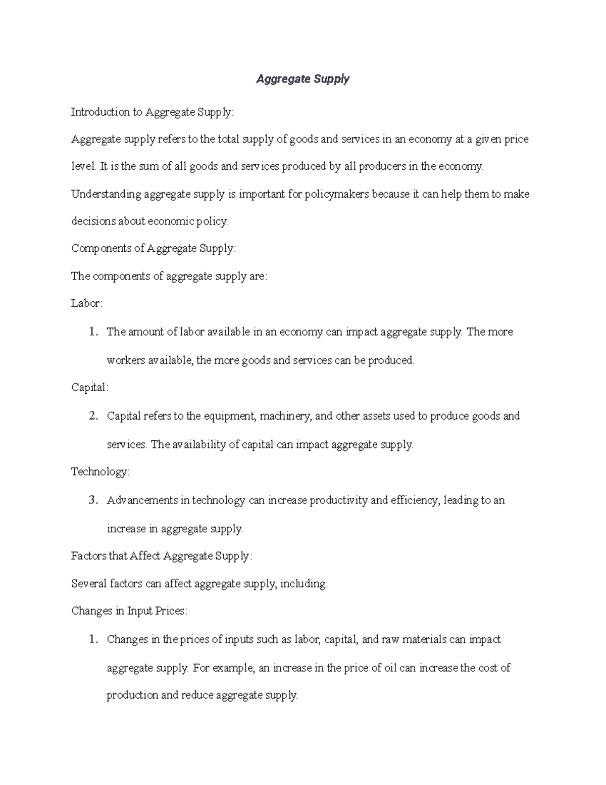 Notes on Aggregate Supply - Aggregate Supply Introduction to Aggregate ...