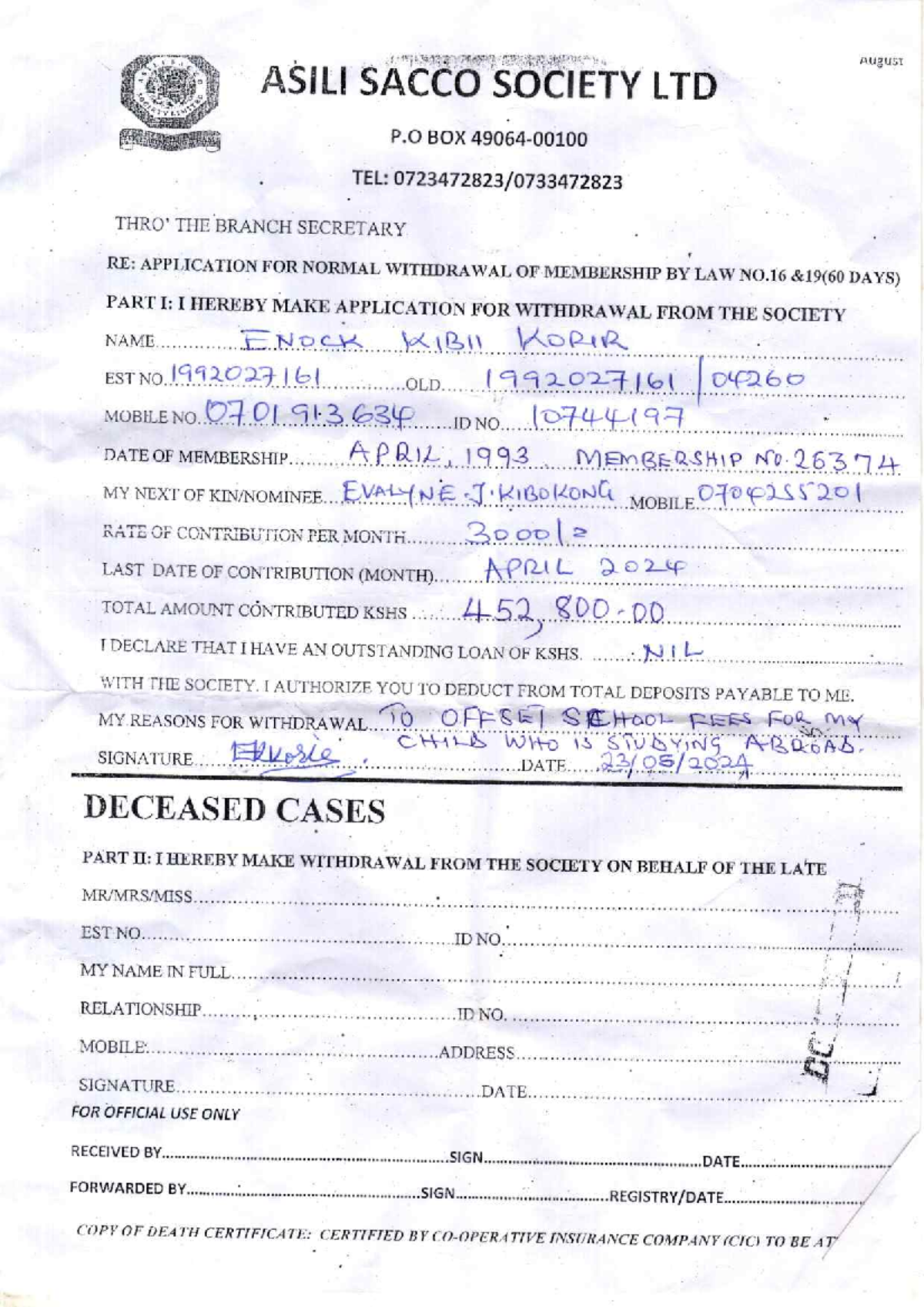 Doc tt20240523 13463642 - FOR August ASILI SACCO SOCIETY LTD P BOX TEL ...