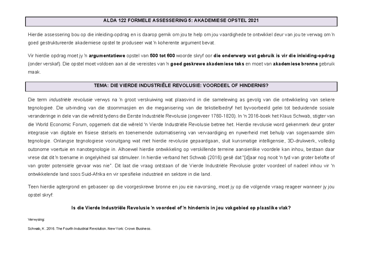 ALDA+122+Akademiese+opstel 2021 - ALDA122 - NWU - Studocu