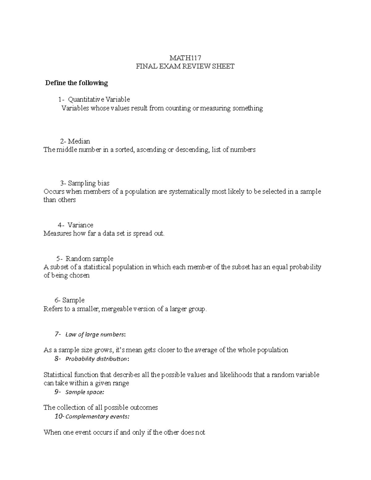 Copy of Final EXAM Review Sheet NEW MATH117 - MATH FINAL EXAM REVIEW ...