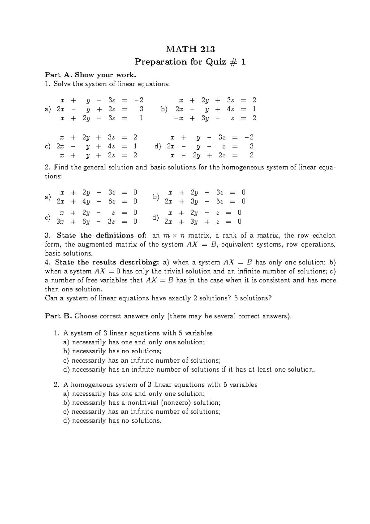 Example Quiz1 213 Math 213 Preparation For Quiz 1 Part A Show Your Work Solve The System