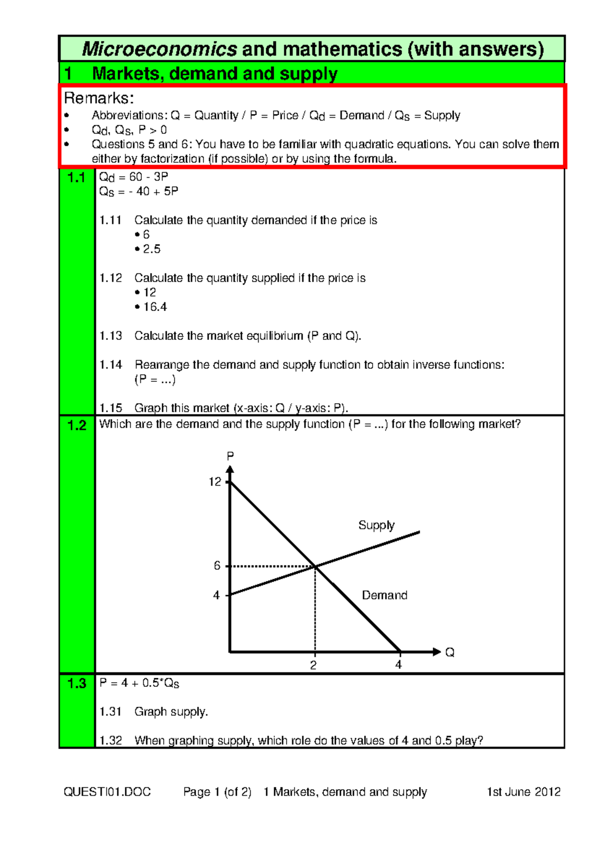 Micmath 1 - Microeconomics and mathematics (with answers) 1 Markets ...