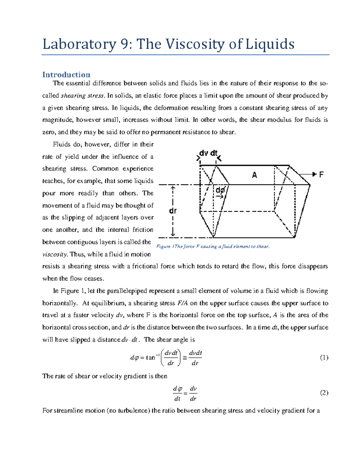 Lab9Viscosity - my lecture notes i took in class - Laboratory 9: The ...