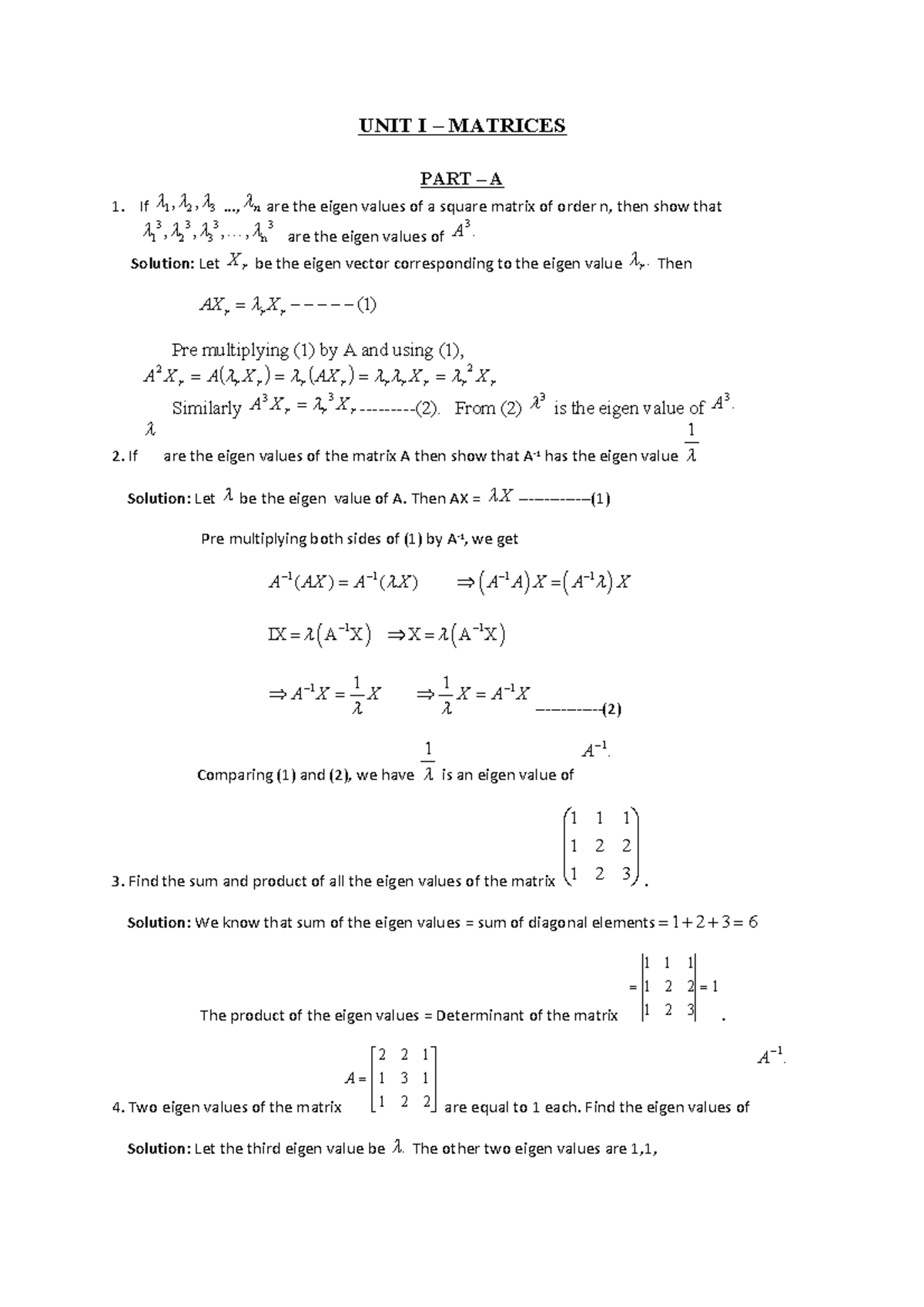 Q uestion Bank Matrices&Differential Calculas with solutions - UNIT I – MATRICES PART – A If 1 ...