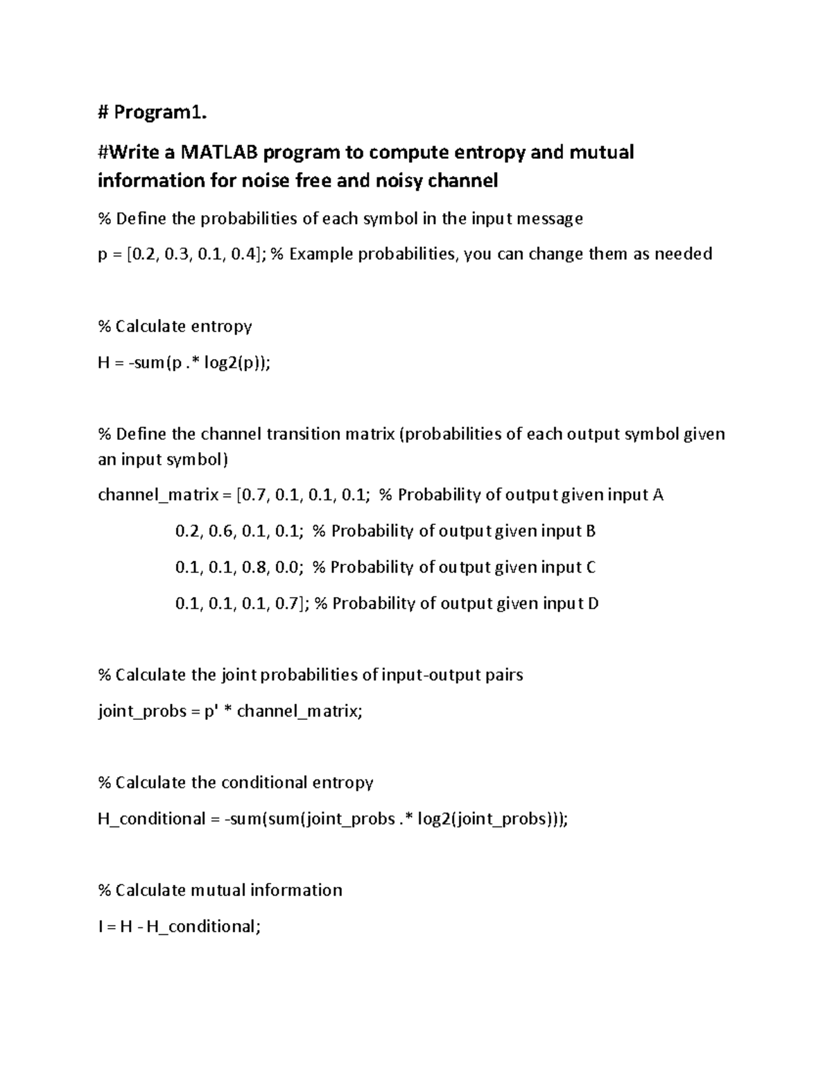 ITC lab mannual using Matlab programs - # Program1. #Write a MATLAB program to compute entropy ...