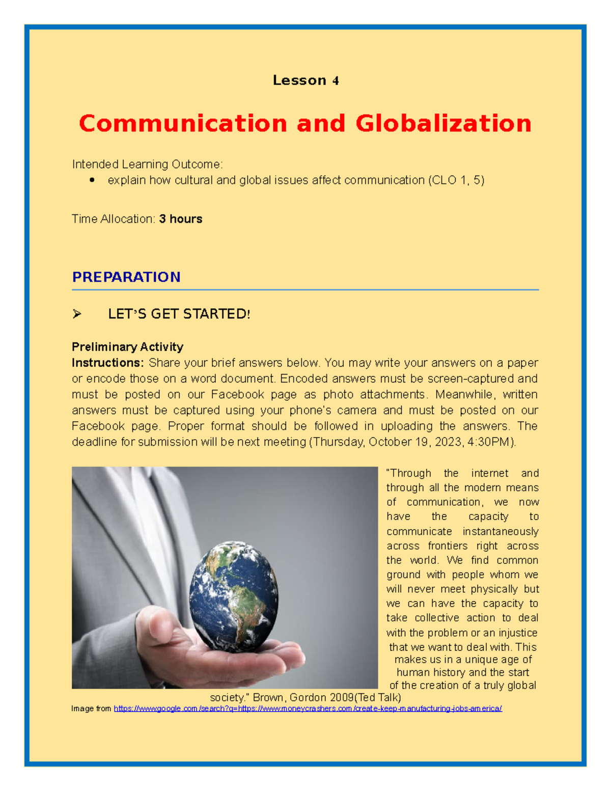Commonication and Globalization - Lesson 4 Communication and Globalization Intended Learning ...