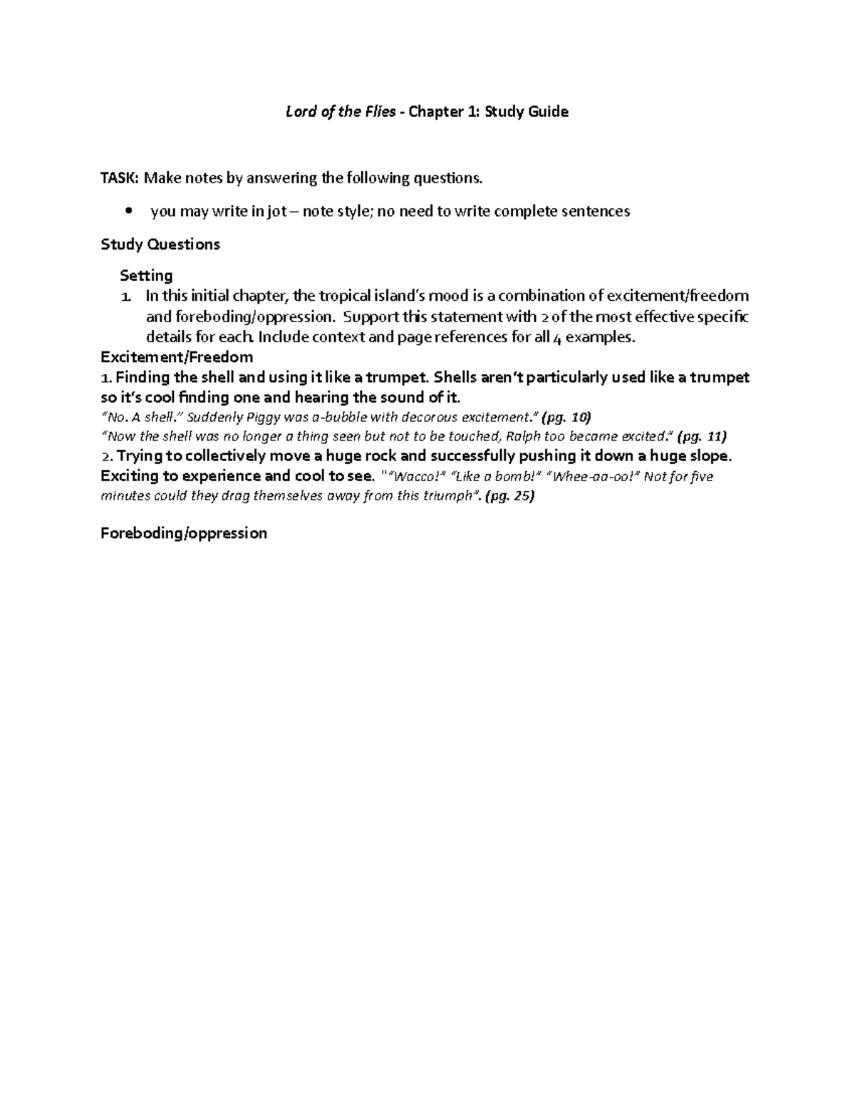 Lo F - Chapter 1 Study Guide - Lord of the Flies - Chapter 1: Study ...