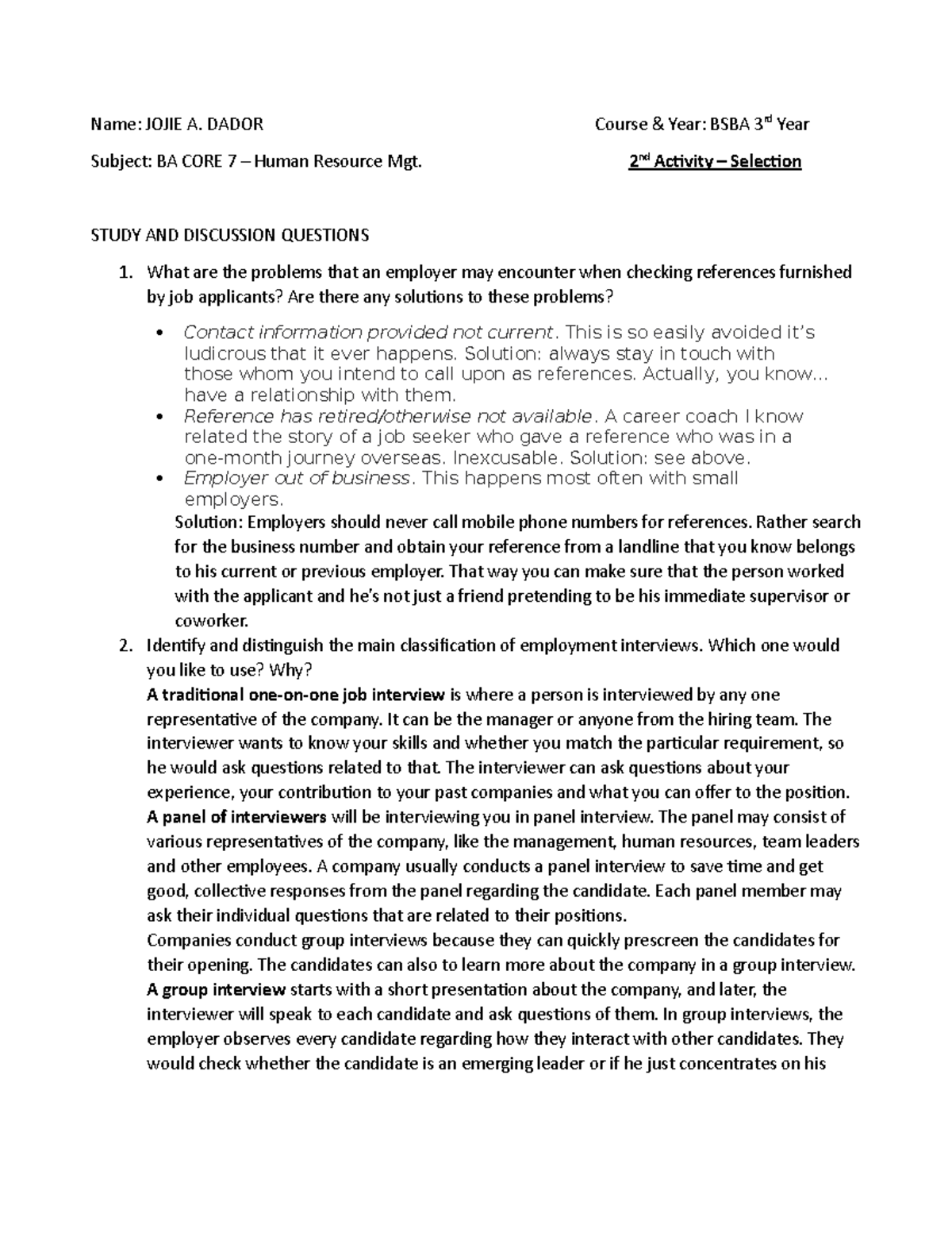 BA Core 7 Human Resource Management Selection - Name: JOJIE A. DADOR ...