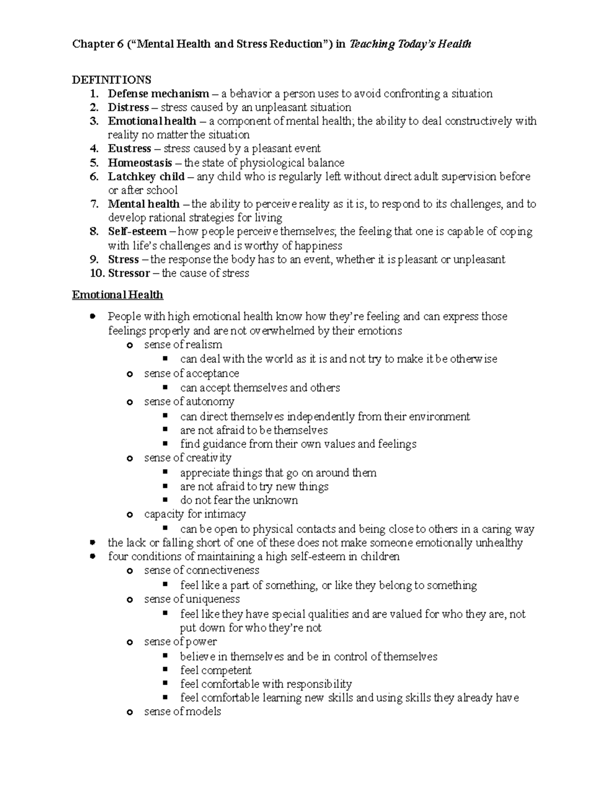 Chapter 6notes! - Chapter 6 (“Mental Health and Stress Reduction”) in ...