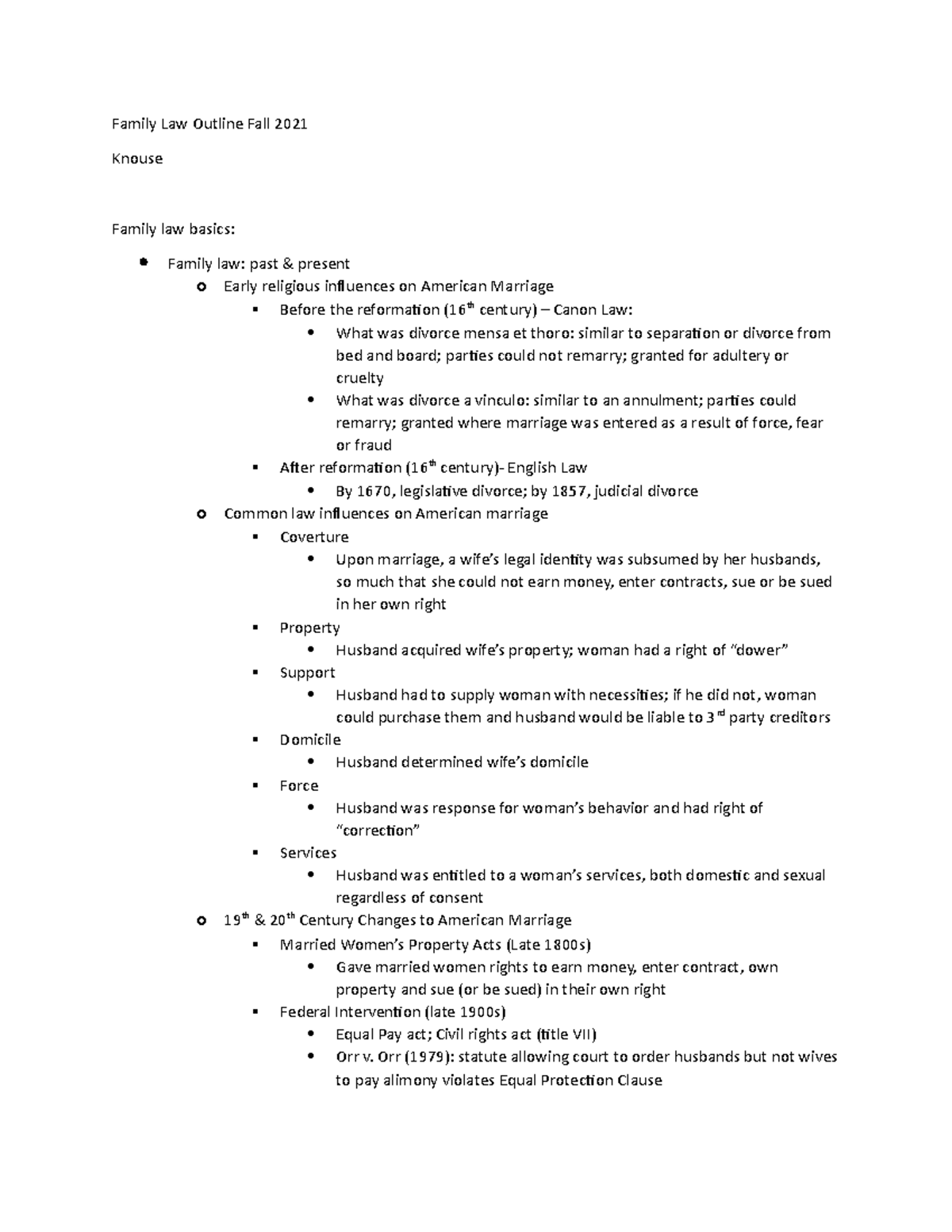 Family Law Outline Fall 2021 - Orr (1979): statute allowing court to ...