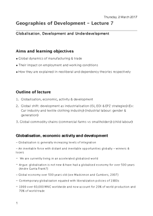 Geographies of Development - Lecture 10 - Thursday, 23 March 2017 ...