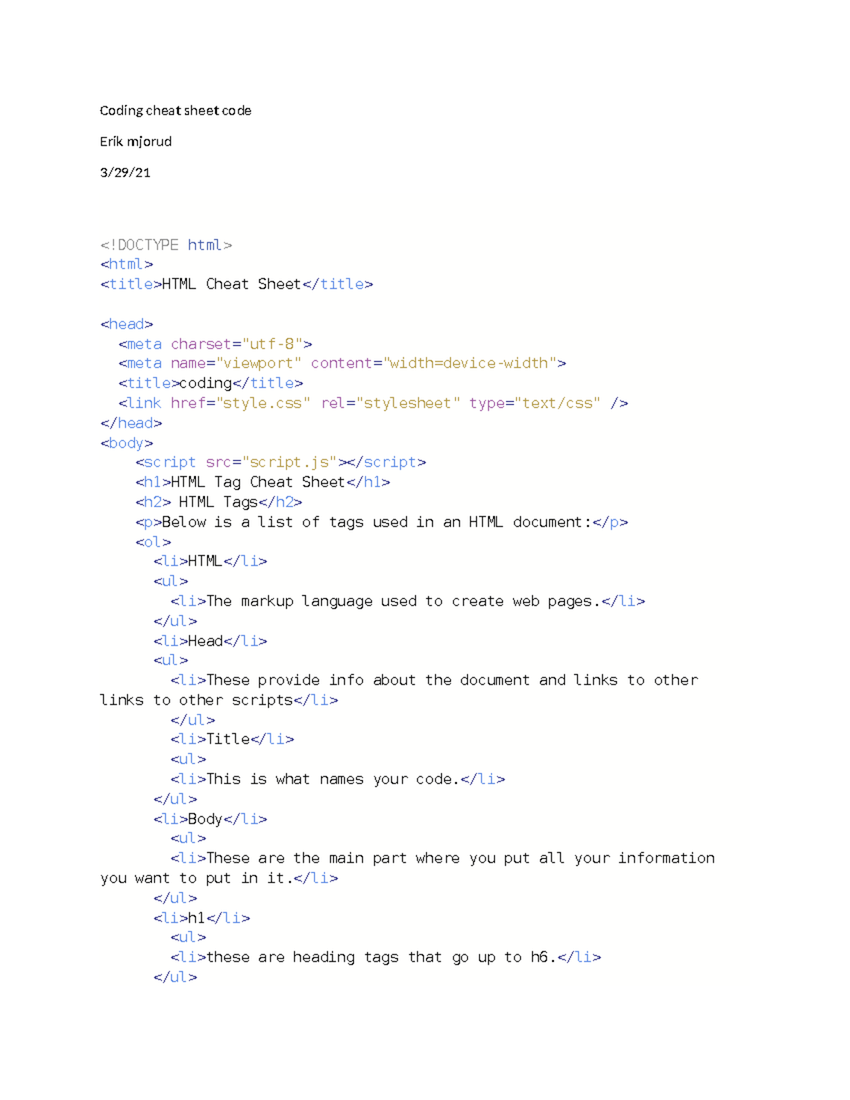 Coding cheat sheet code - Head - Studocu