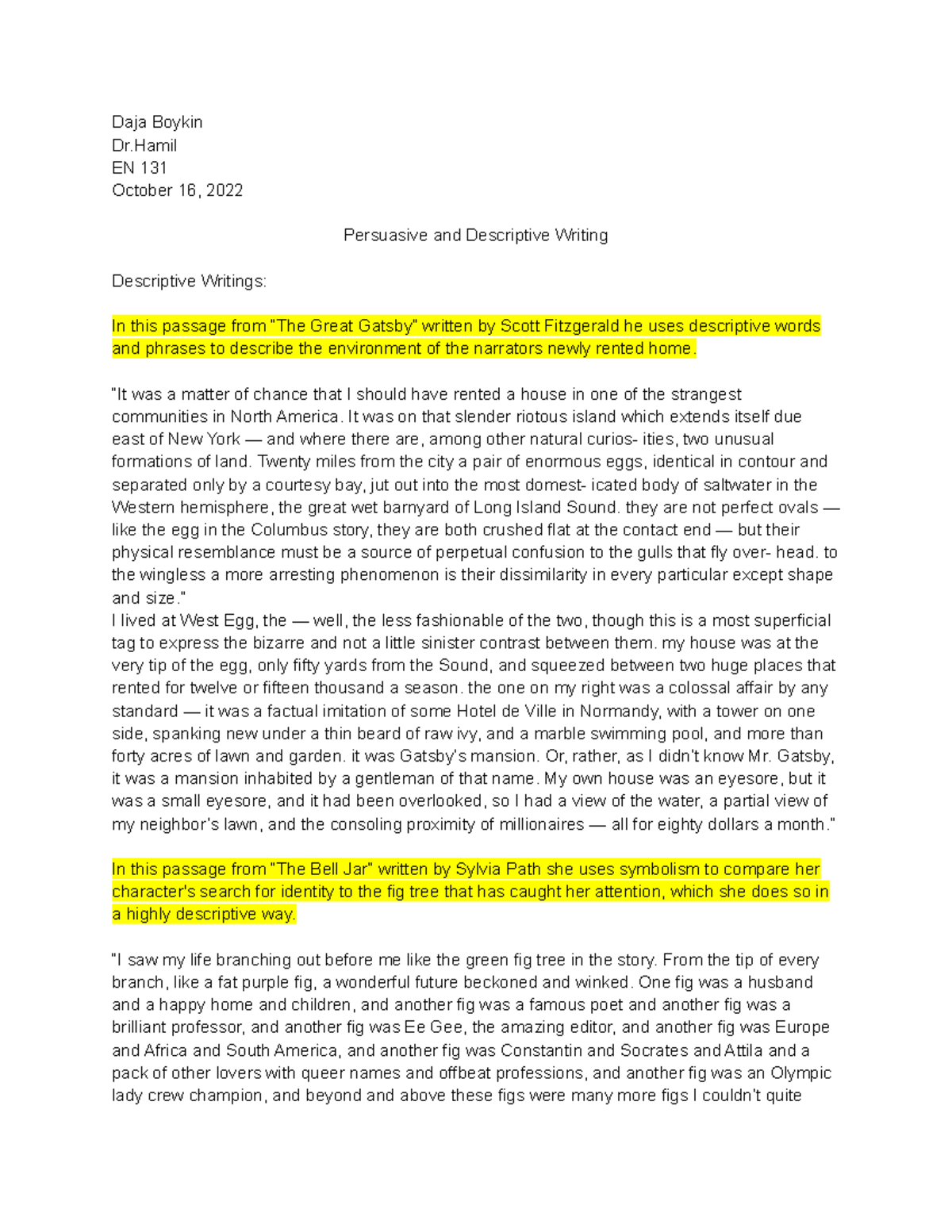 College English - Examples of persuasive and descriptive writings ...