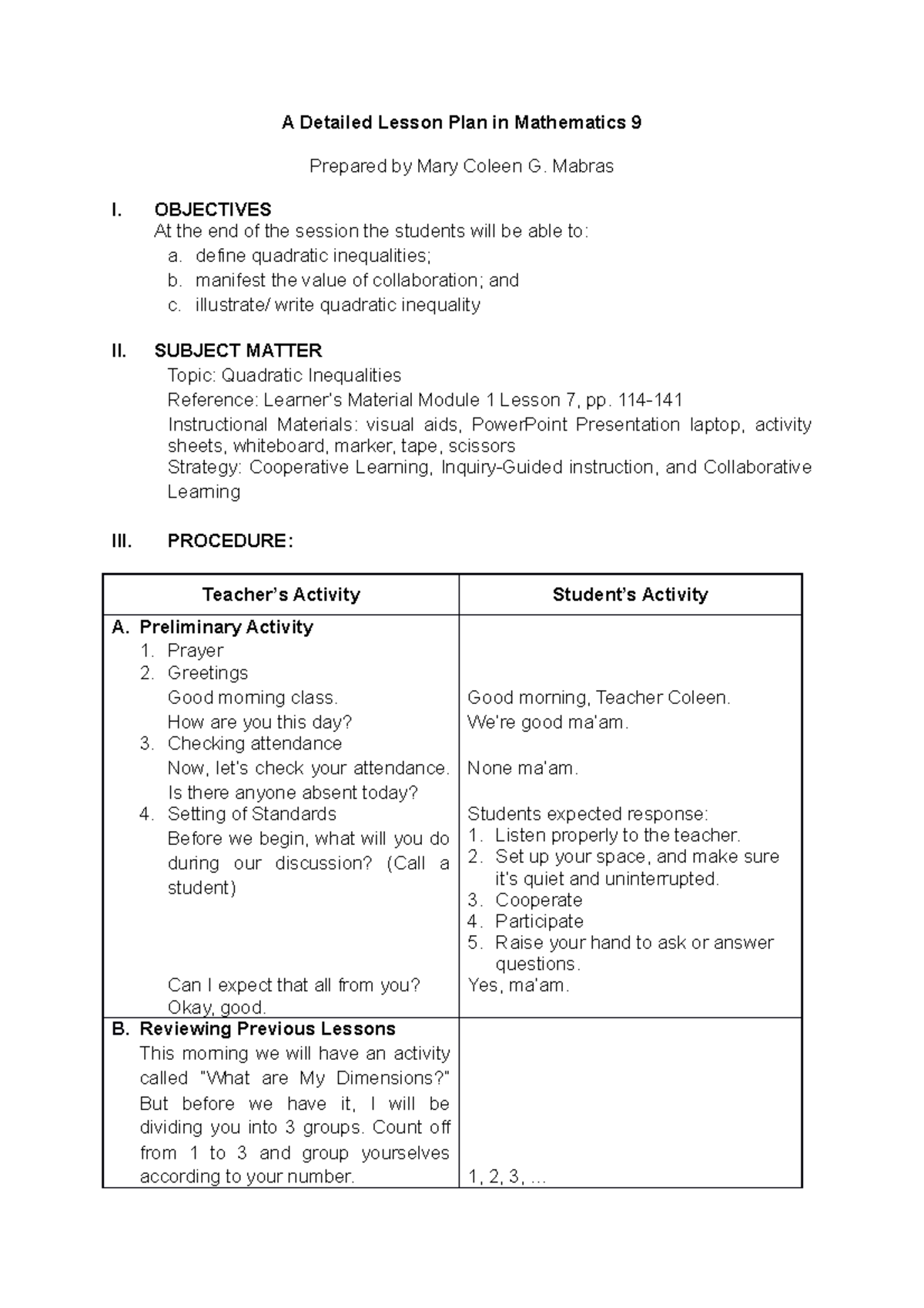 Mabras-Activity 1 - Teaching Internship - A Detailed Lesson Plan in ...