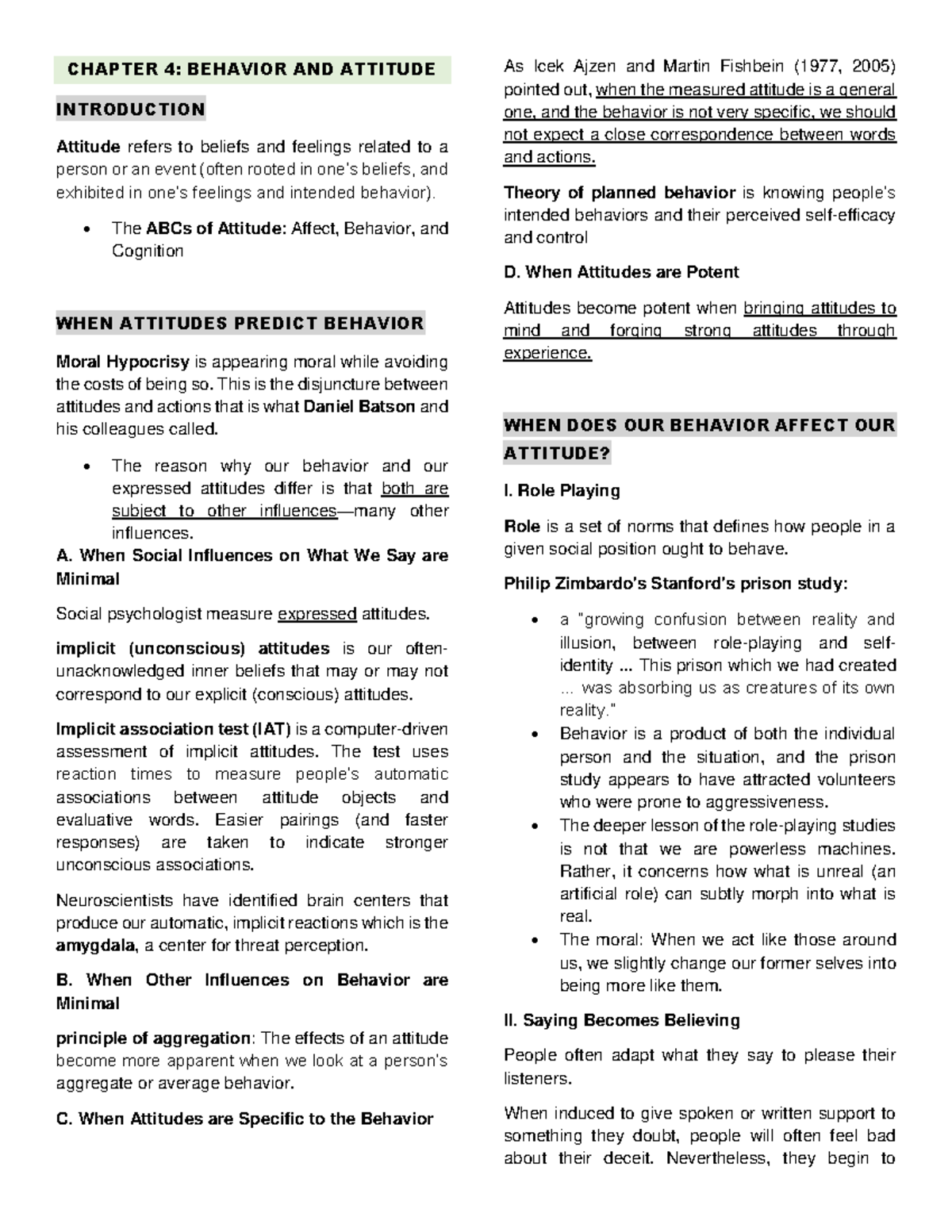 Soc Psych Lesson - CHAPTER 4: BEHAVIOR AND ATTITUDE INTRODUCTION Attitude refers to beliefs and ...