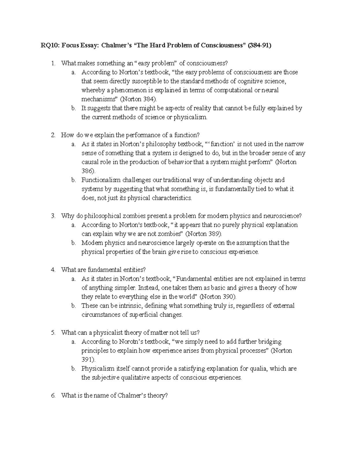 RQ10 Focus Essay Chalmer’s “The Hard Problem of Consciousness” - What ...