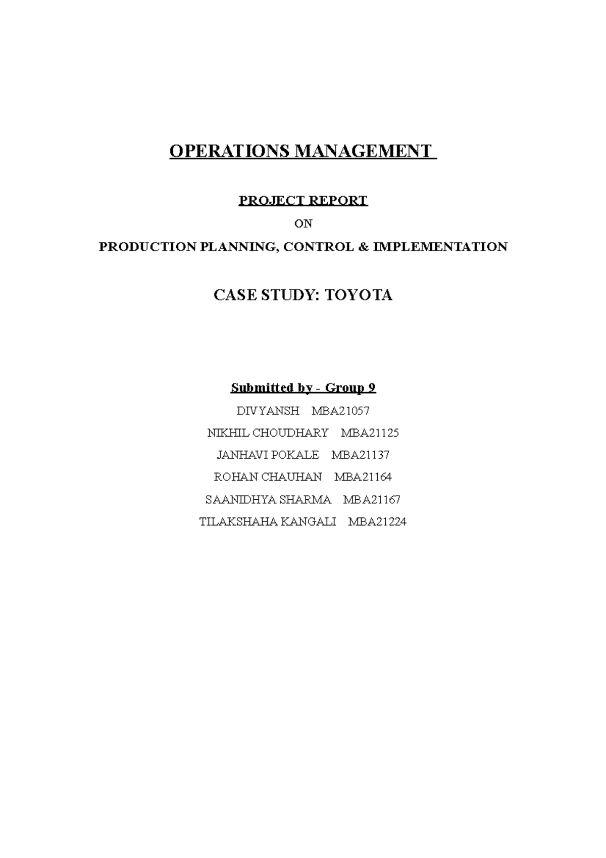 OM Final Report - OPERATIONS MANAGEMENT PROJECT REPORT ON PRODUCTION ...