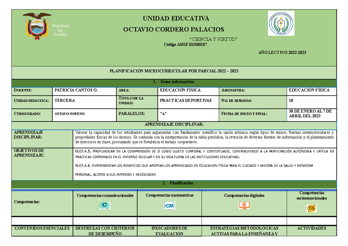 Planificacion III Parcial 8VO Y 9N0. E.F - UNIDAD EDUCATIVA OCTAVIO ...