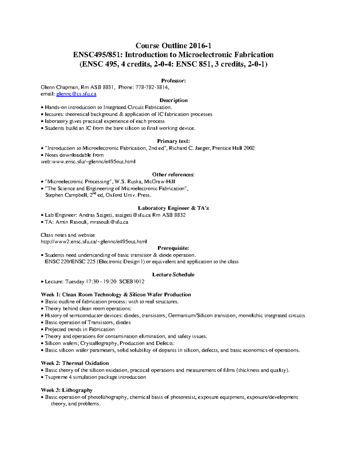 Course lab info - Lab schedule - Course Outline 2016- ENSC495/851 ...