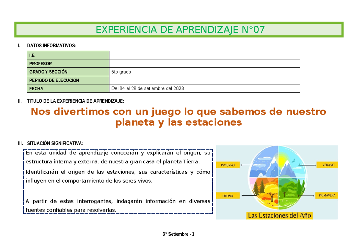 5° Grado - Experiencia DE Aprendizaje N°07 - EXPERIENCIA DE APRENDIZAJE N° I. DATOS INFORMATIVOS ...