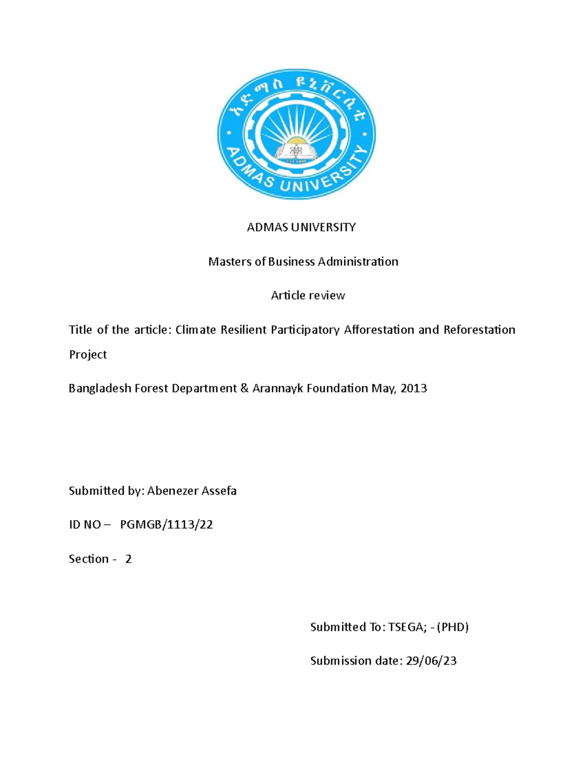 Abenezer Assefa - project management - Studocu