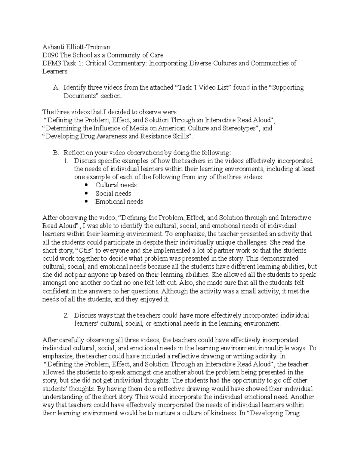 D090 DMF3-Task 1 - Ashanti Elliott-Trotman D090 The School as a ...