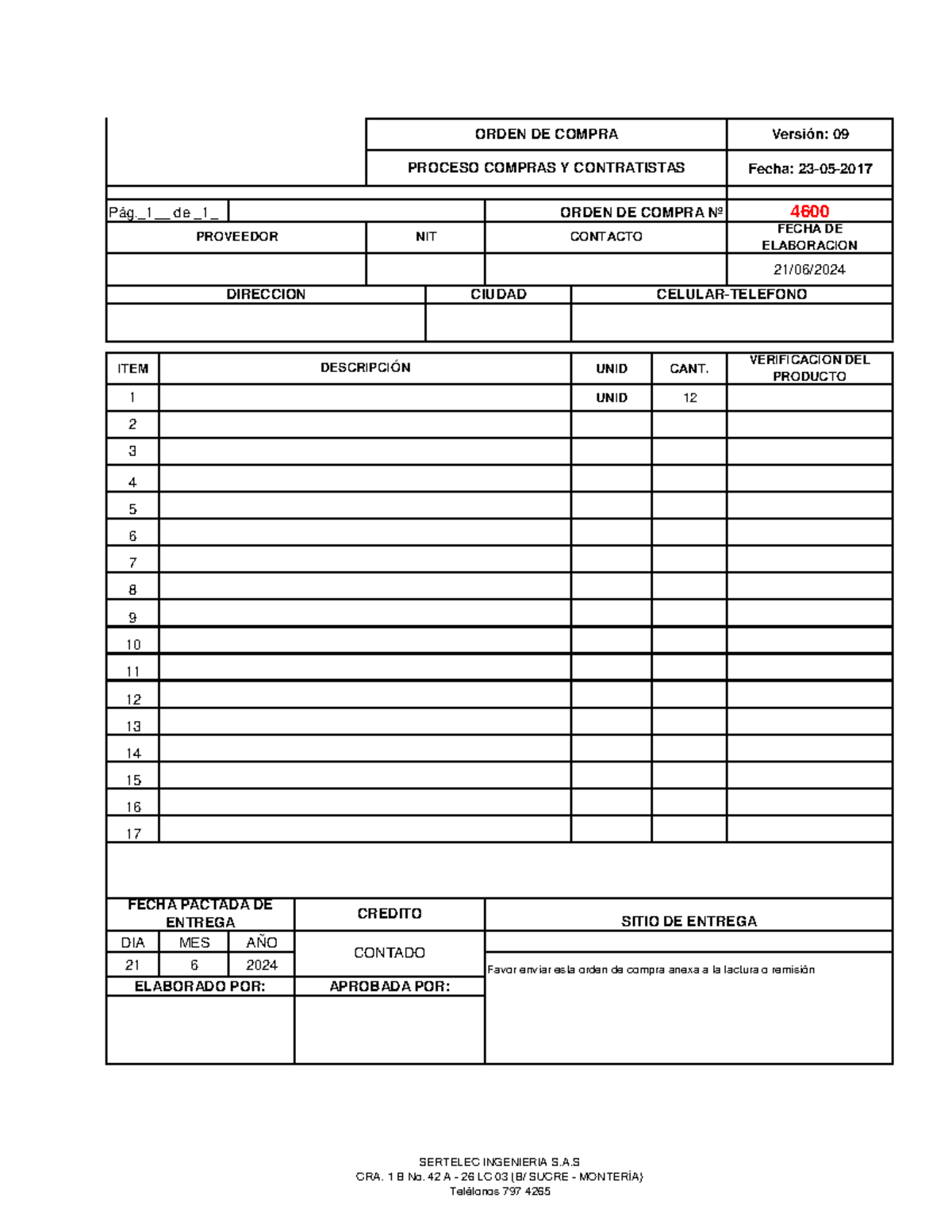 Orden DE Compra - Versión: 09 Fecha: 23-05- Pág.1_ de 1 4600 FECHA DE ...