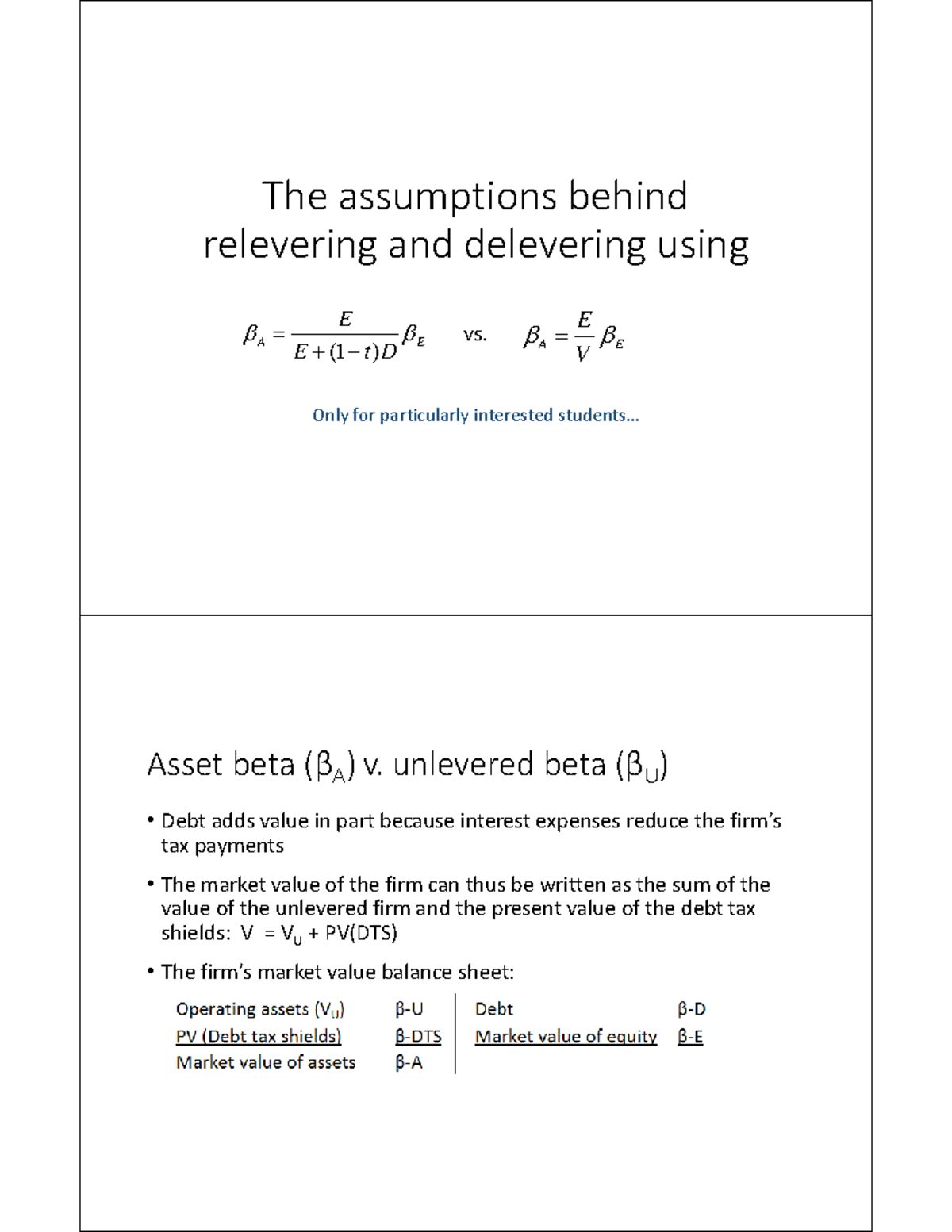 Asset beta - This is how you get to the correct Beta - The assumptions ...